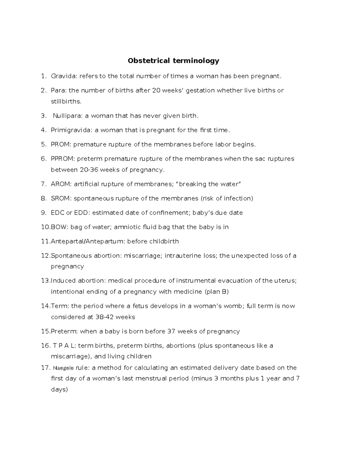 Obstetrical Terminology Worksheet - Obstetrical terminology Gravida ...