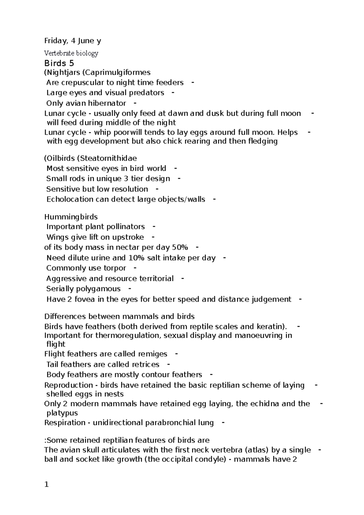 Birds 5 - Lecture notes 5 - Friday, 4 June y Vertebrate biology Birds 5 ...