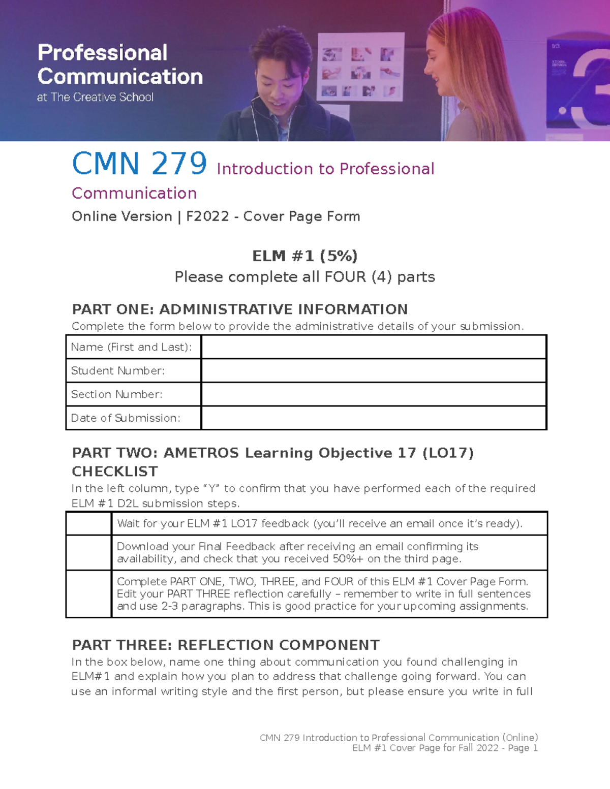 CMN 279 I - ELM#1 Cover Page Form - F2022 - CMN 279 Introduction to ...