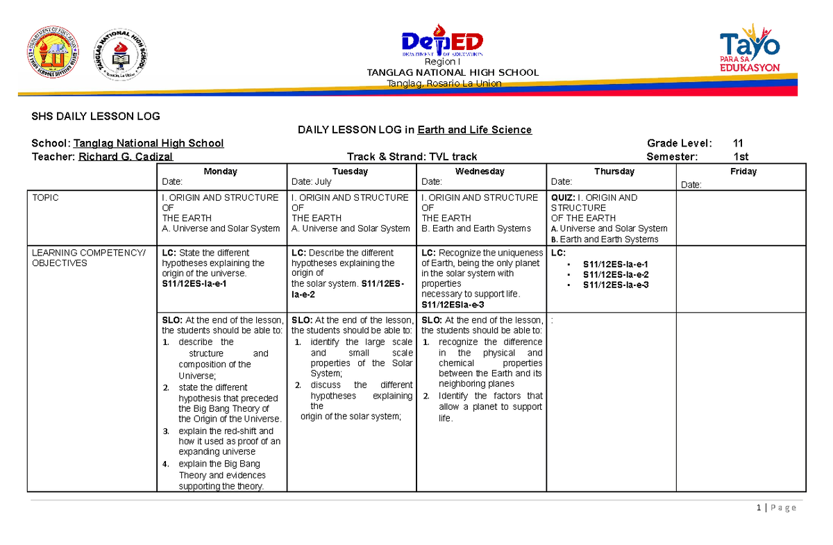 Earth and life science - TANGLAG NATIONAL HIGH SCHOOL Tanglag, Rosario ...