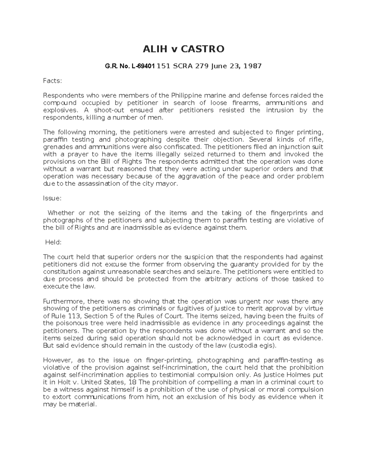 ALIH v Castro - case digest - ALIH v CASTRO G. No. L-69401 151 SCRA 279 ...