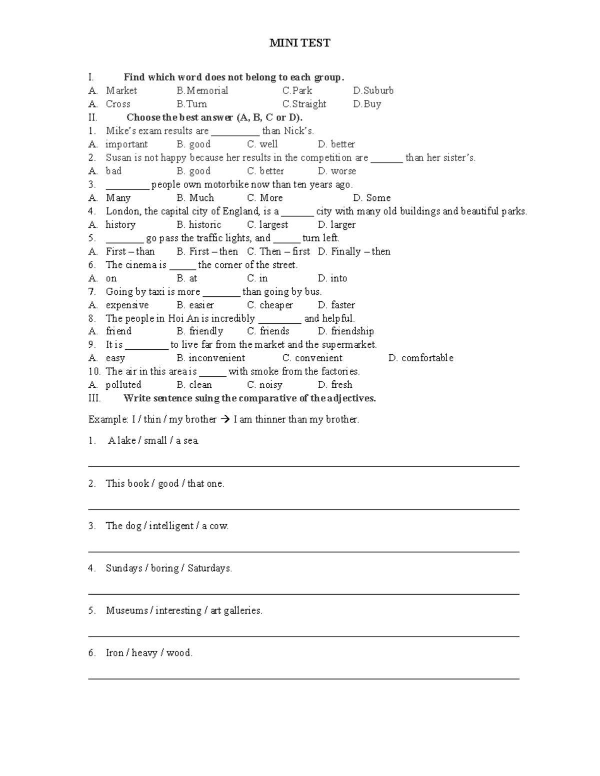 Minitest 13 - mini test english mid term - MINI TEST I. Find which word ...