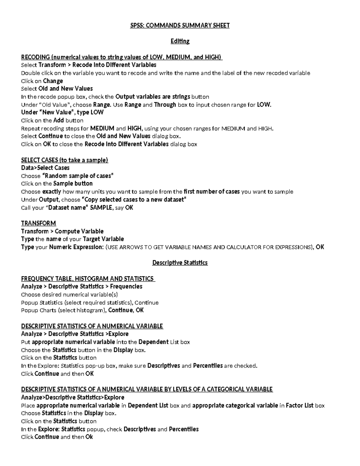 02 SPSS Commands Summary Crib Sheet - SPSS: COMMANDS SUMMARY SHEET ...