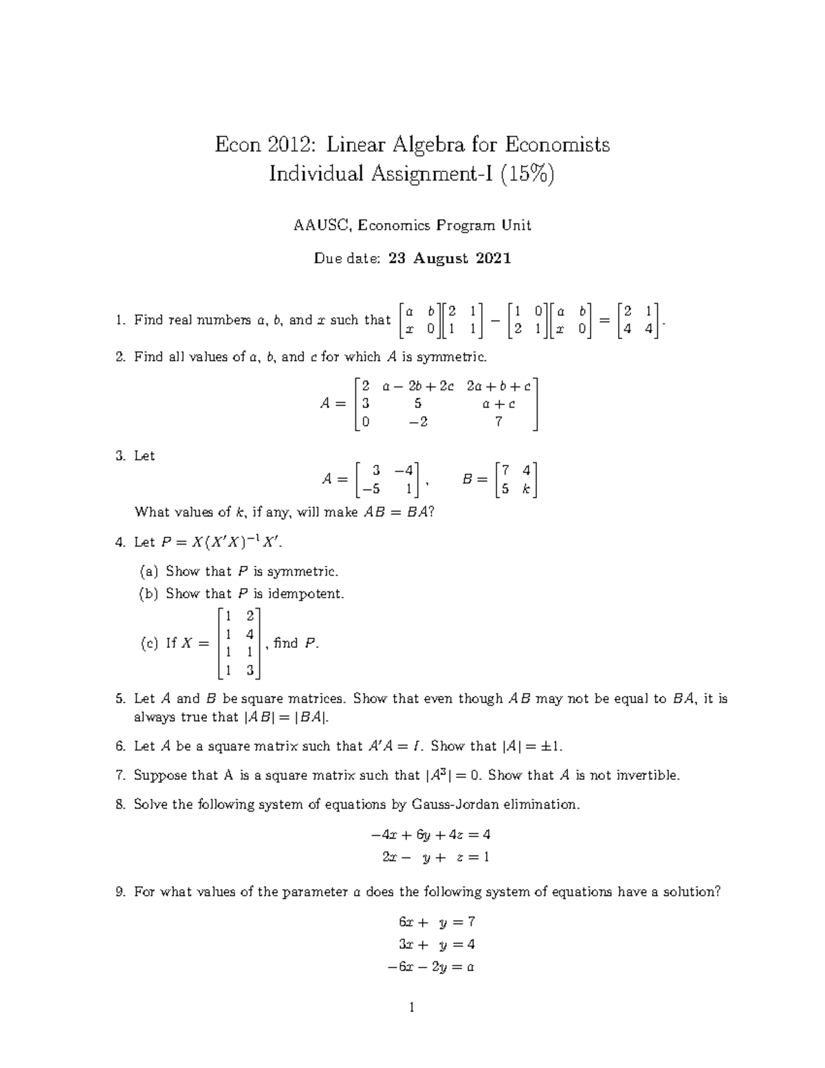 Econ 2012 Assignment-1 - Econ 2012: Linear Algebra for Economists ...