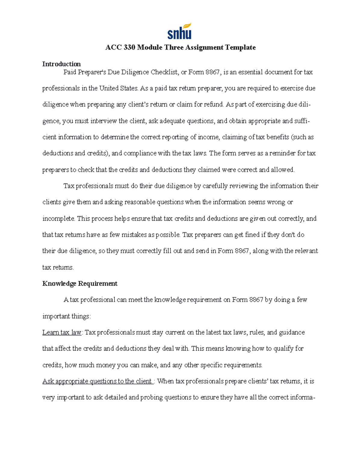 ACC 330 Module Three Assignment Template - ACC 330 Module Three ...