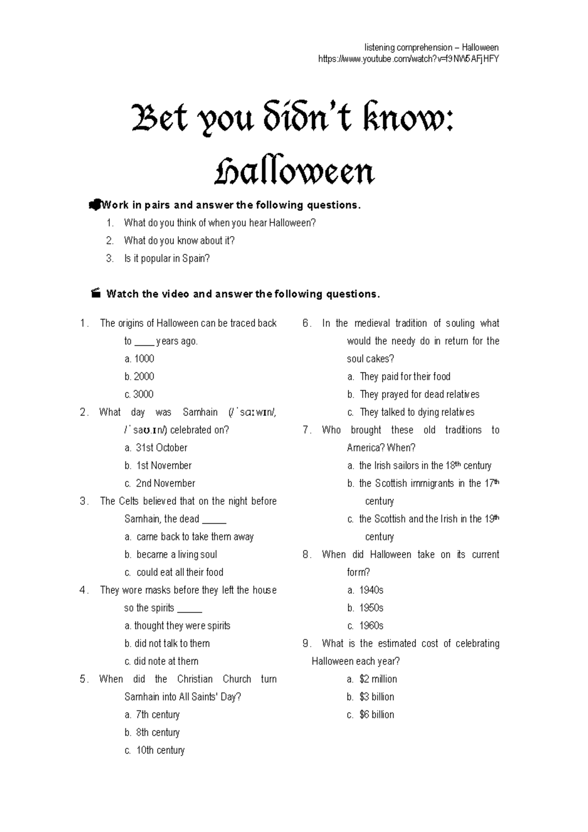 Bet You Didnt Know Halloween - listening comprehension – Halloween ...