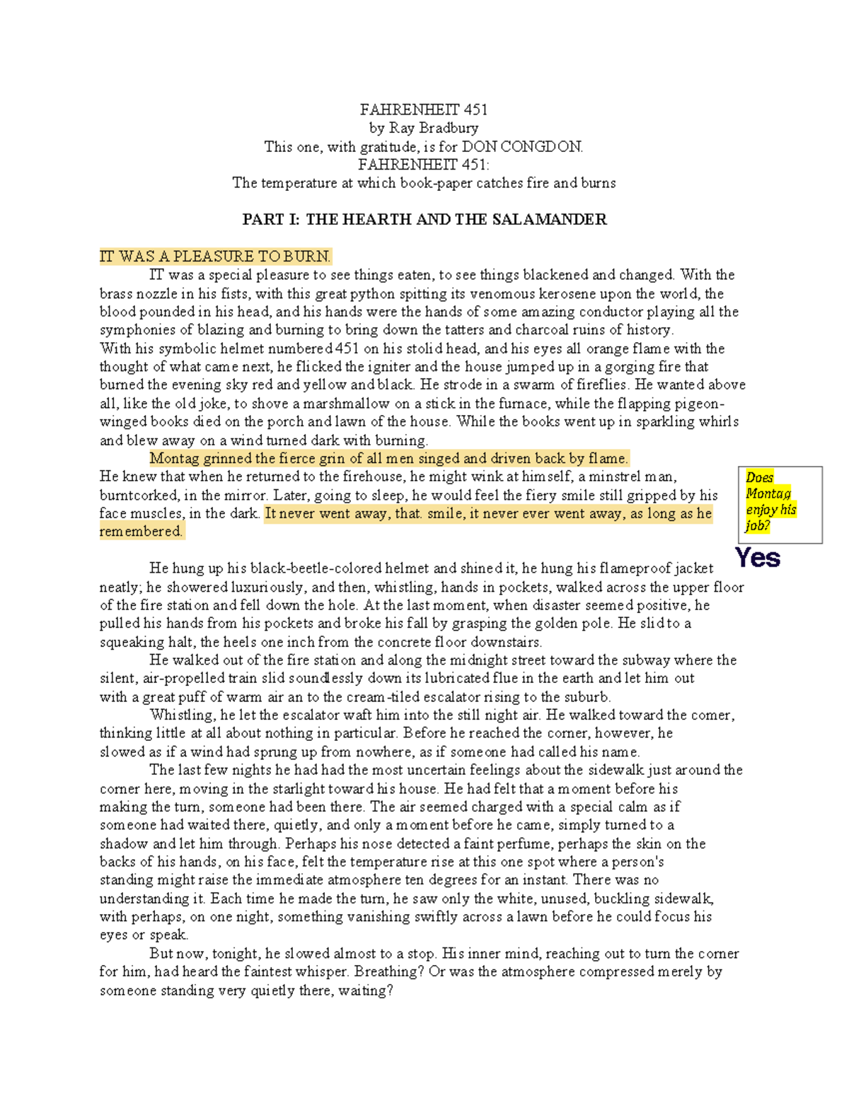 F451 PART 1 full text wtih notes - FAHRENHEIT 451 by Ray Bradbury This ...