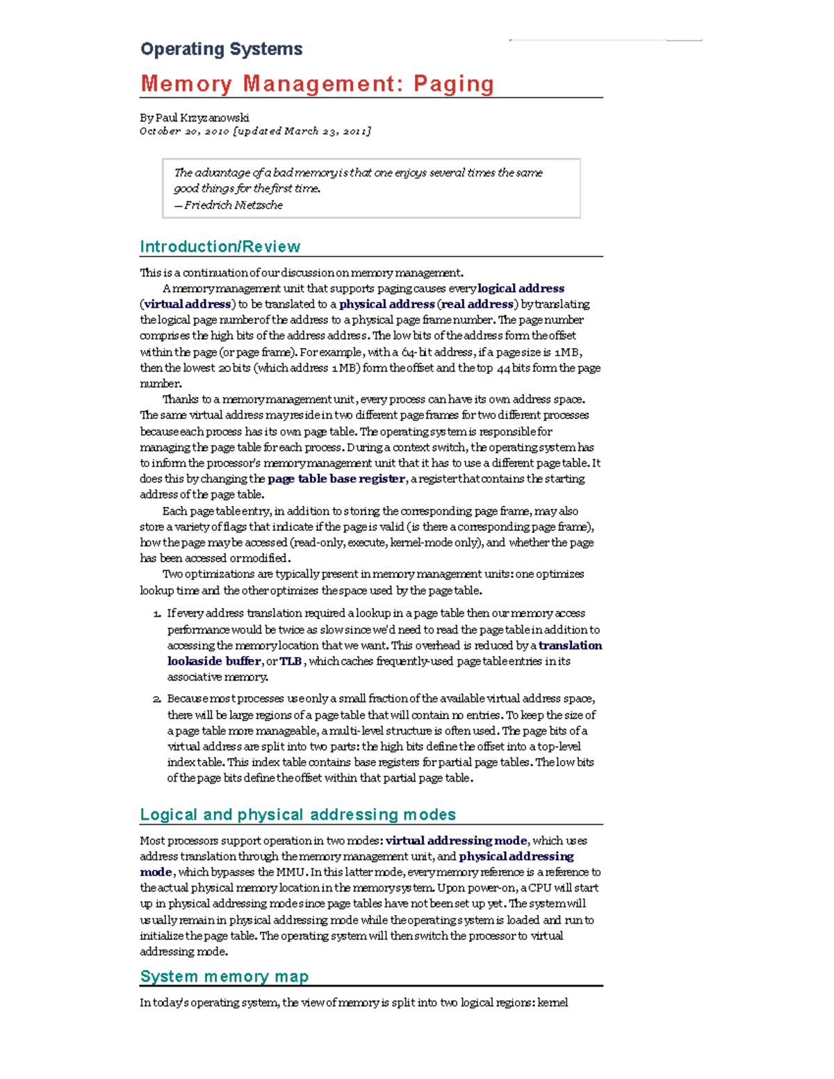 Paging Systems - Operating Systems By Paul Krzyzanowski O ctob e r 2 0 ...