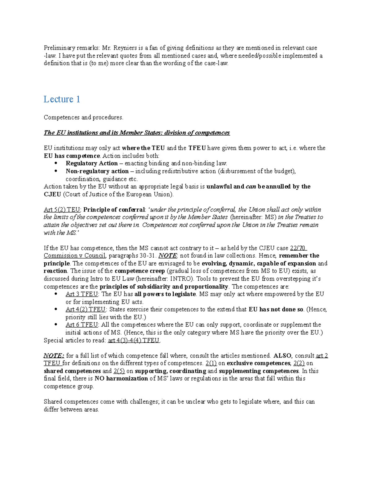 EU Decision Making lecture outline - Preliminary remarks: Mr. Reyniers ...