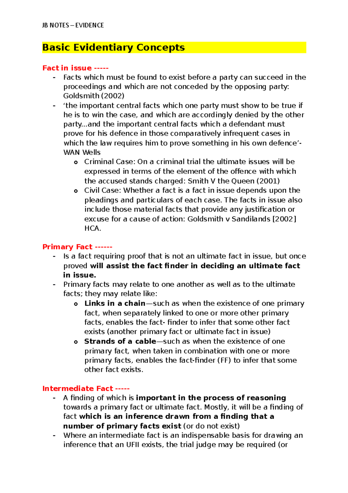 Evidence Quiz notes - Basic Evidentiary Concepts Fact in issue - Facts ...