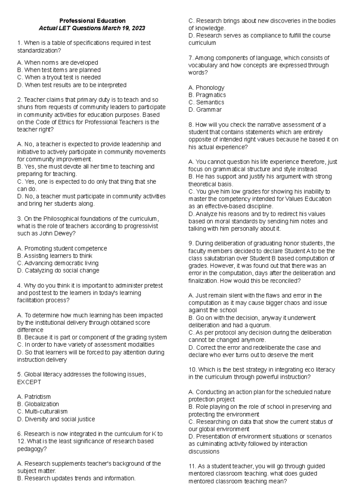 Actual-prof-ed compress - Professional Education Actual LET Questions ...