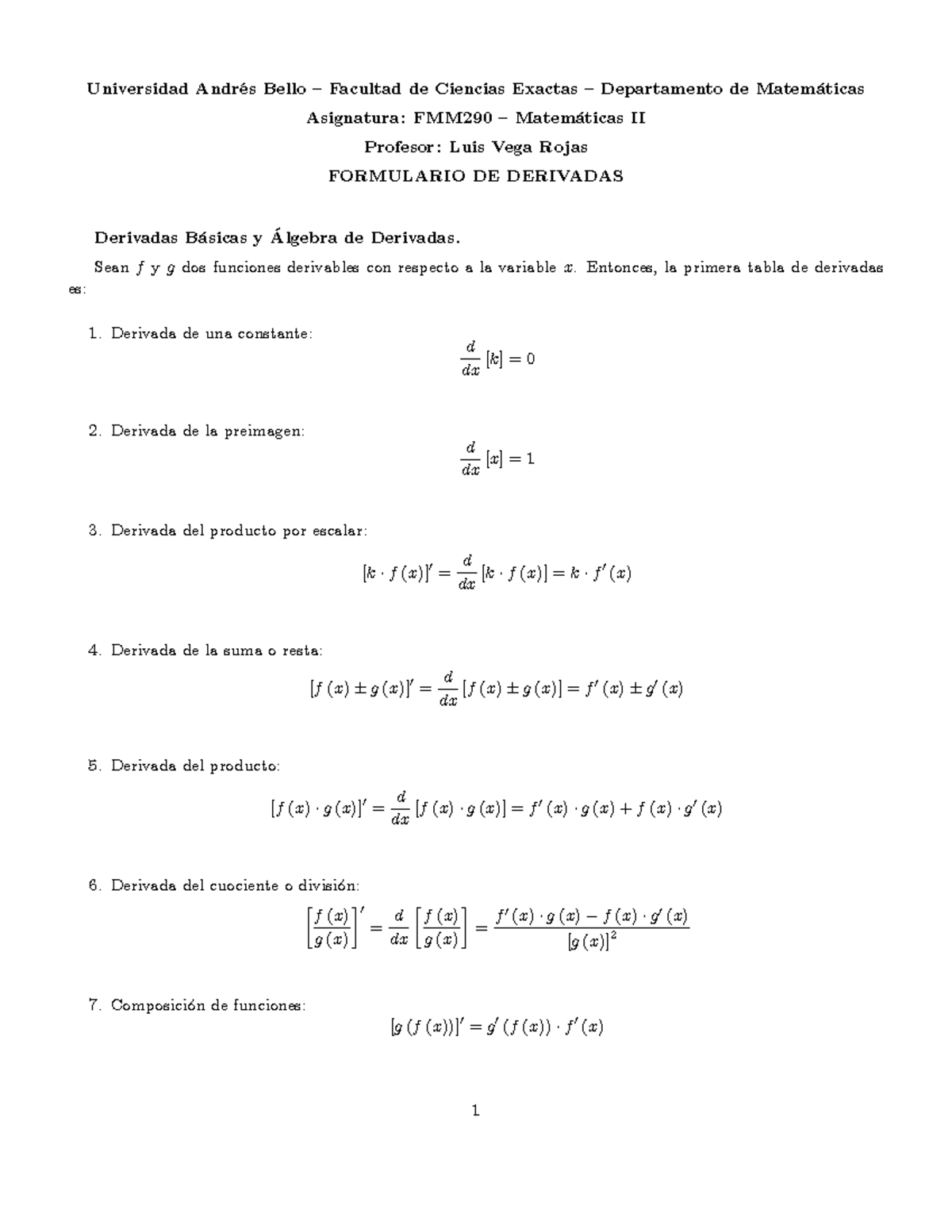 FMM290 S01 Formulario de Derivadas - Universidad AndrÈs Bello ñ ...