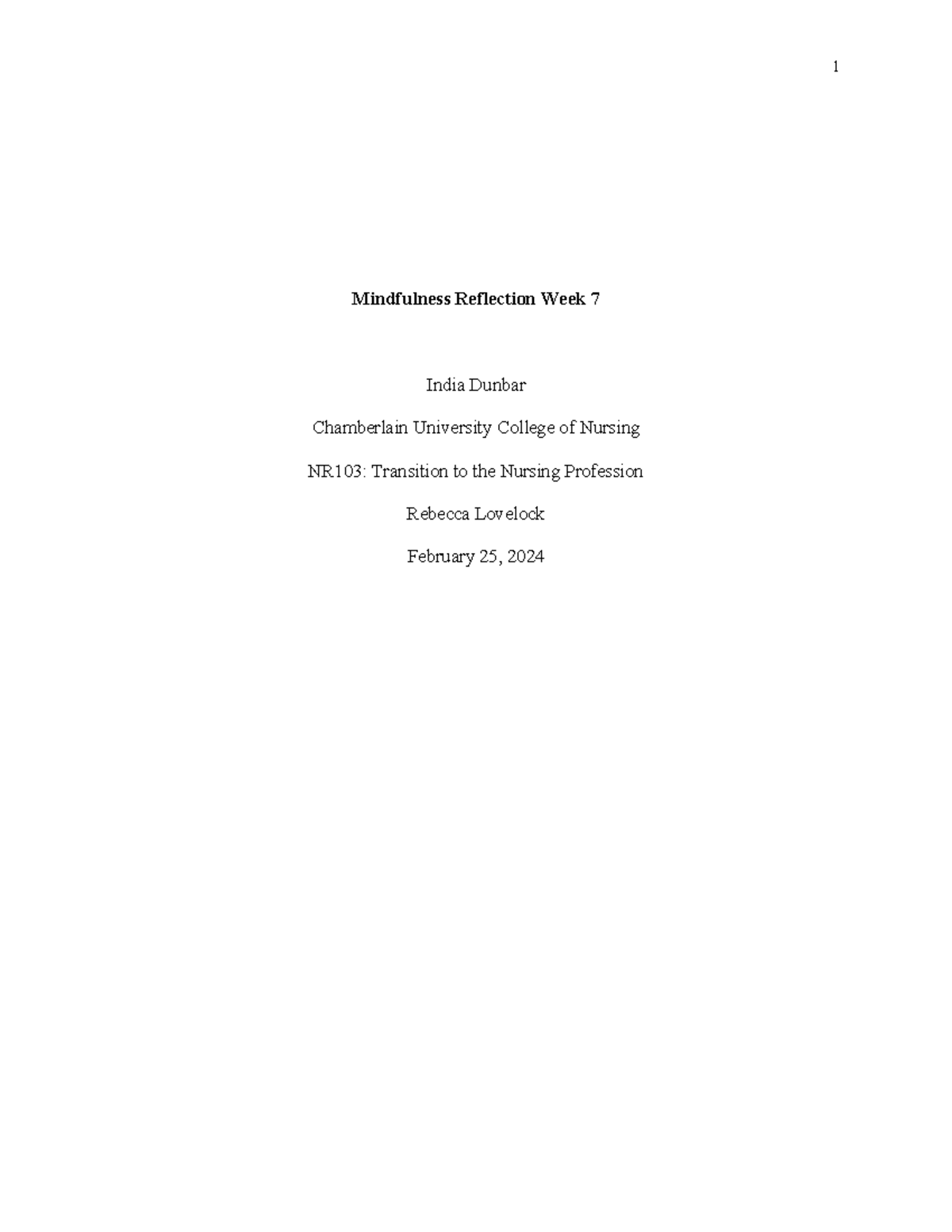 Mindfulness Reflection Paper week 6 - 1 Mindfulness Reflection Week 7 ...
