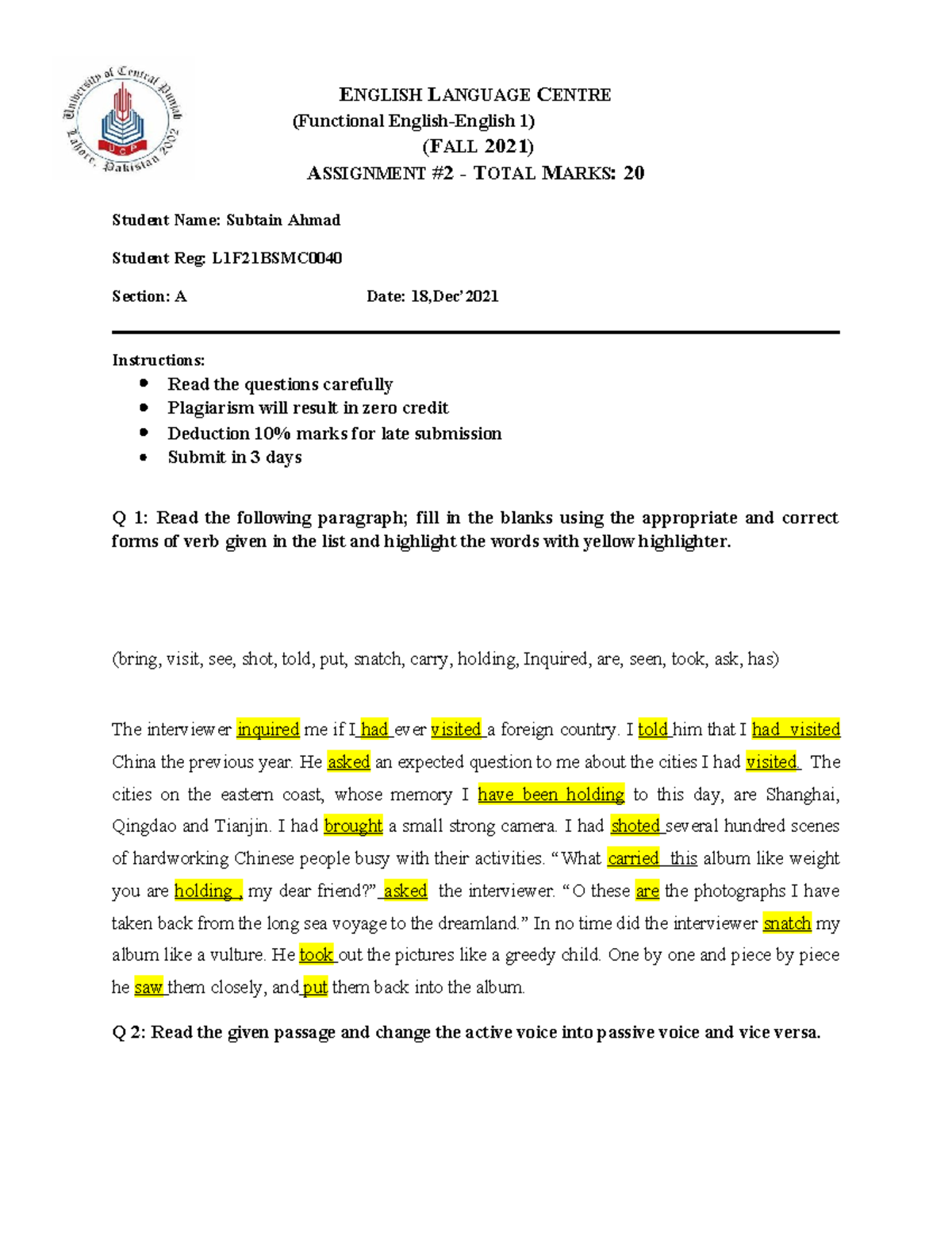 Subtain assignment - Related to pr - ENGLISH LANGUAGE CENTRE ...