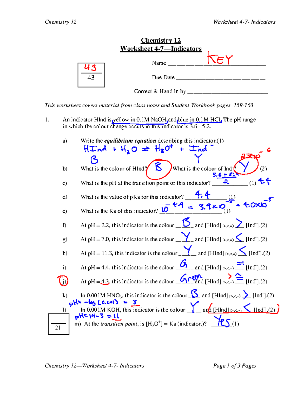 Ws 4-7 key - Chemistry 12 Worksheet 4-7- Indicators Chemistry 12 ...