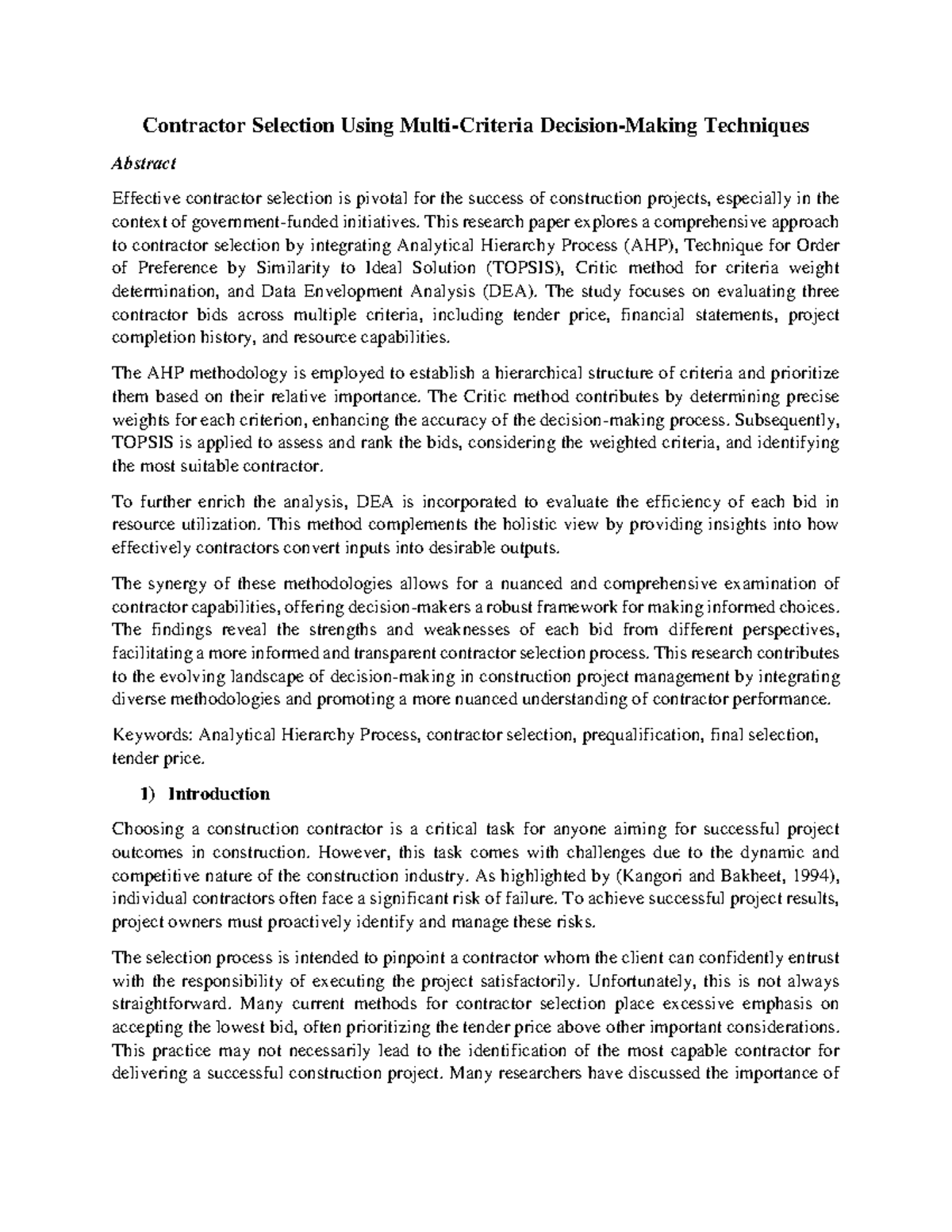 Final project contract selection criteria - Contractor Selection Using ...