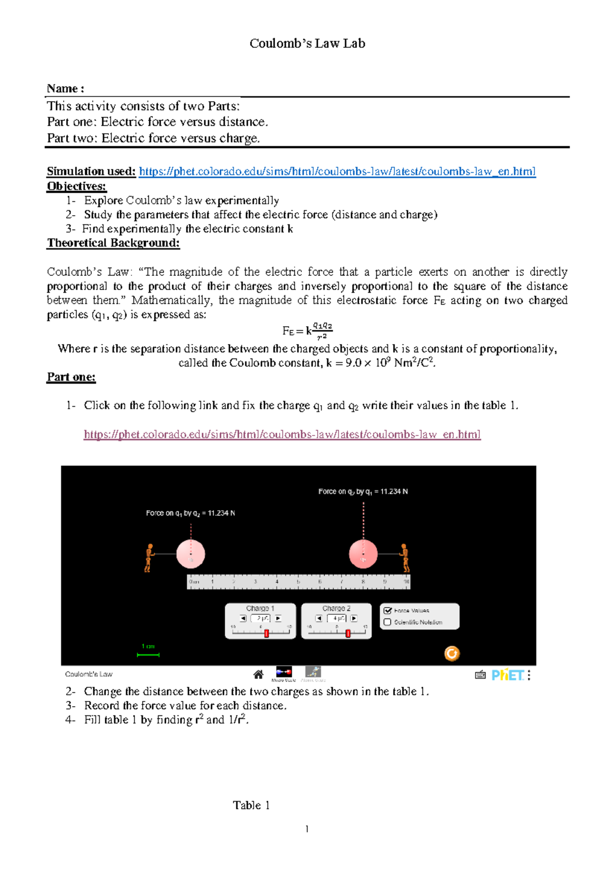 Coulomb's Law lab - *** - Coulomb’s Law Lab Name : This activity ...