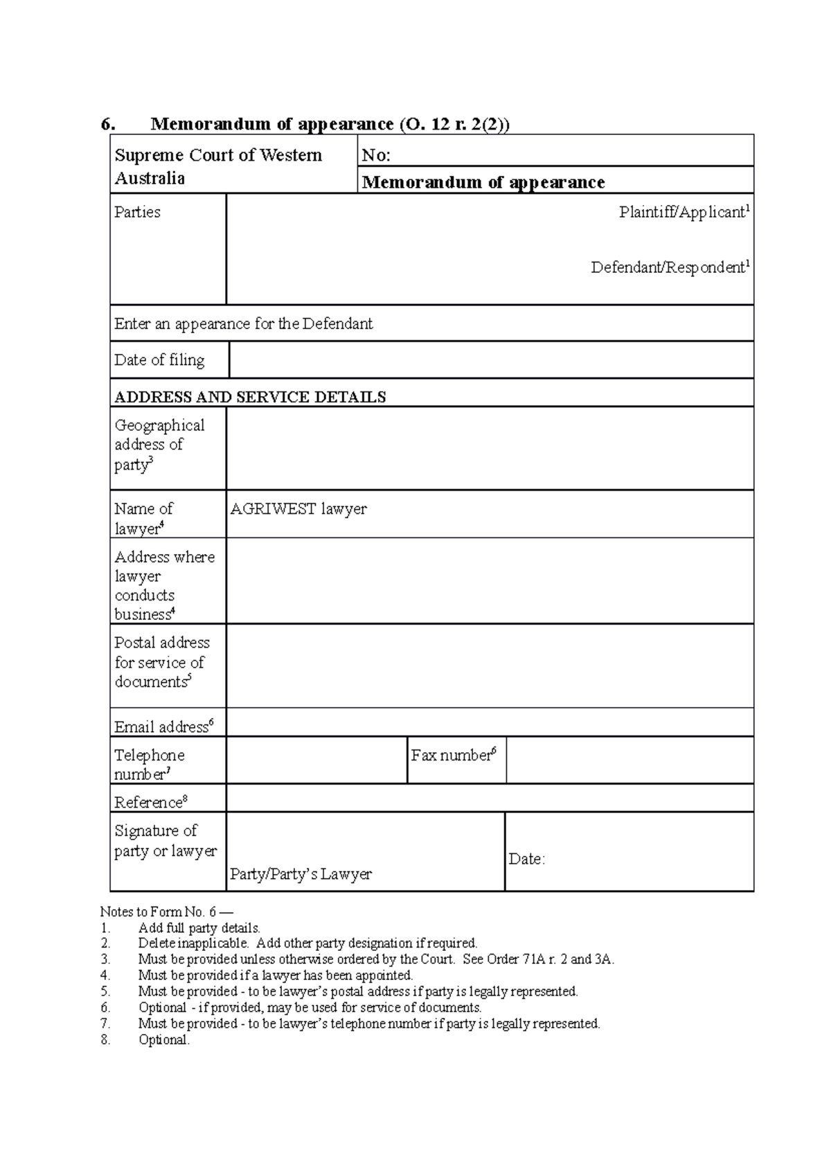 Memorandum of Appearance - 6. Memorandum of appearance (O. 12 r. 2(2 ...