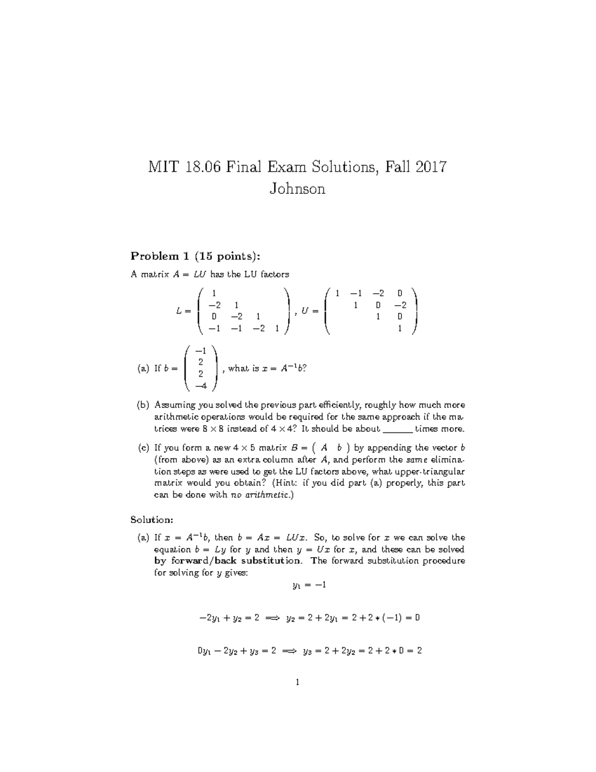 Final-sol - solution - MIT 18 Final Exam Solutions, Fall 2017 Johnson ...