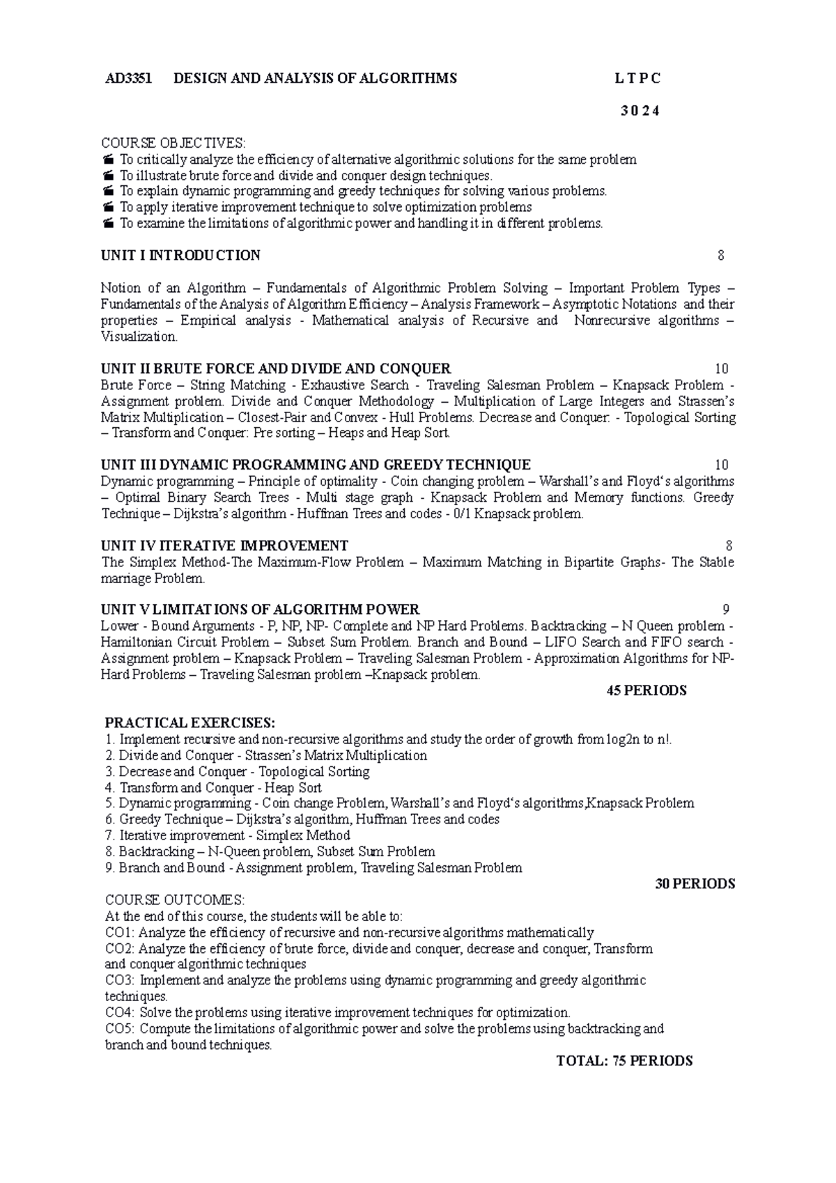 AD3351 Design AND Analysis OF Algorithms L T P C - AD3351 DESIGN AND ANALYSIS OF ALGORITHMS L T ...