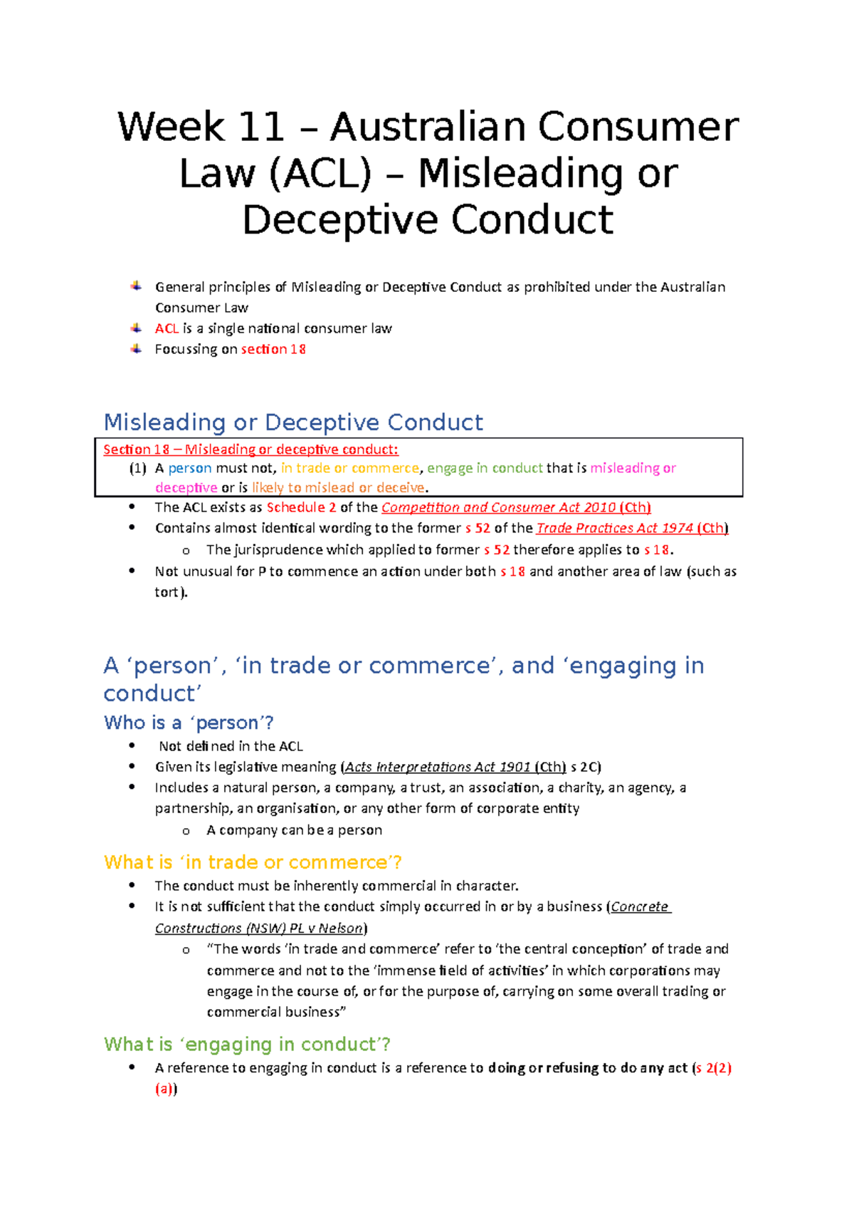 Week 11 - Misleading and Deceptive Conduct - LAW10014 - Swinburne - Studocu