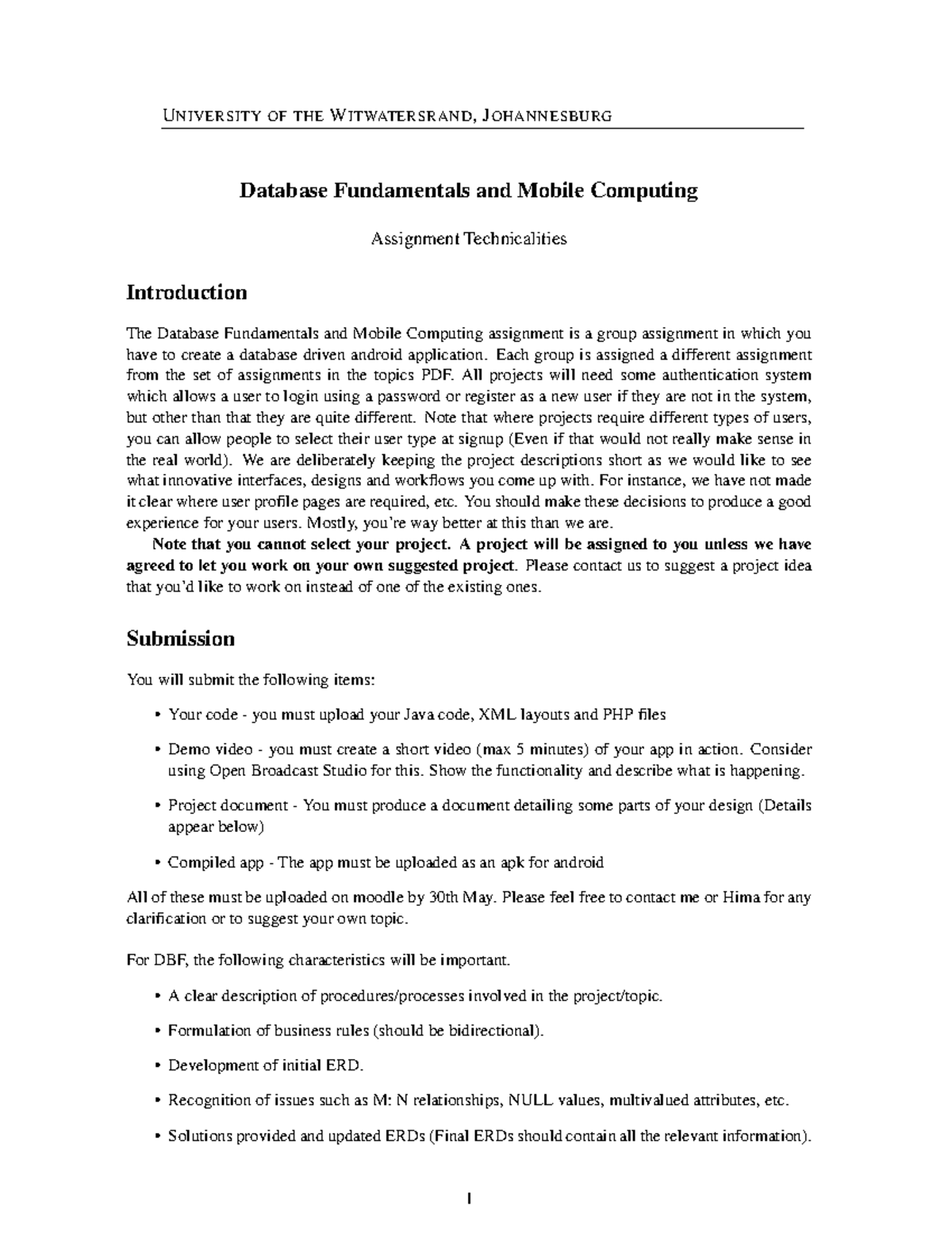 Assignment Details - UNIVERSITY OF THE WITWATERSRAND, JOHANNESBURG Database Fundamentals and ...