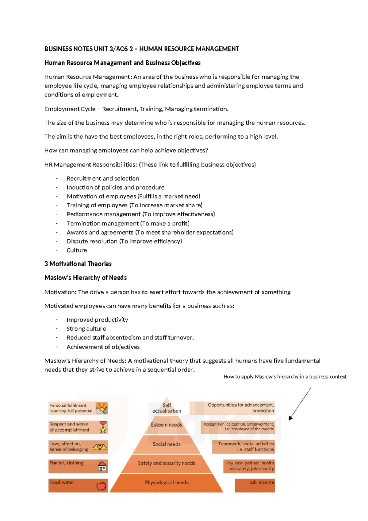 Business Notes UNIT 3 AOS2 - Human Resource Management - BUSINESS NOTES ...