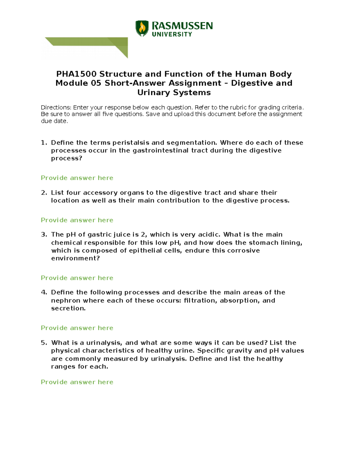 PHA1500 Short Answer Assignment Module 05 - PHA1500 Structure and ...