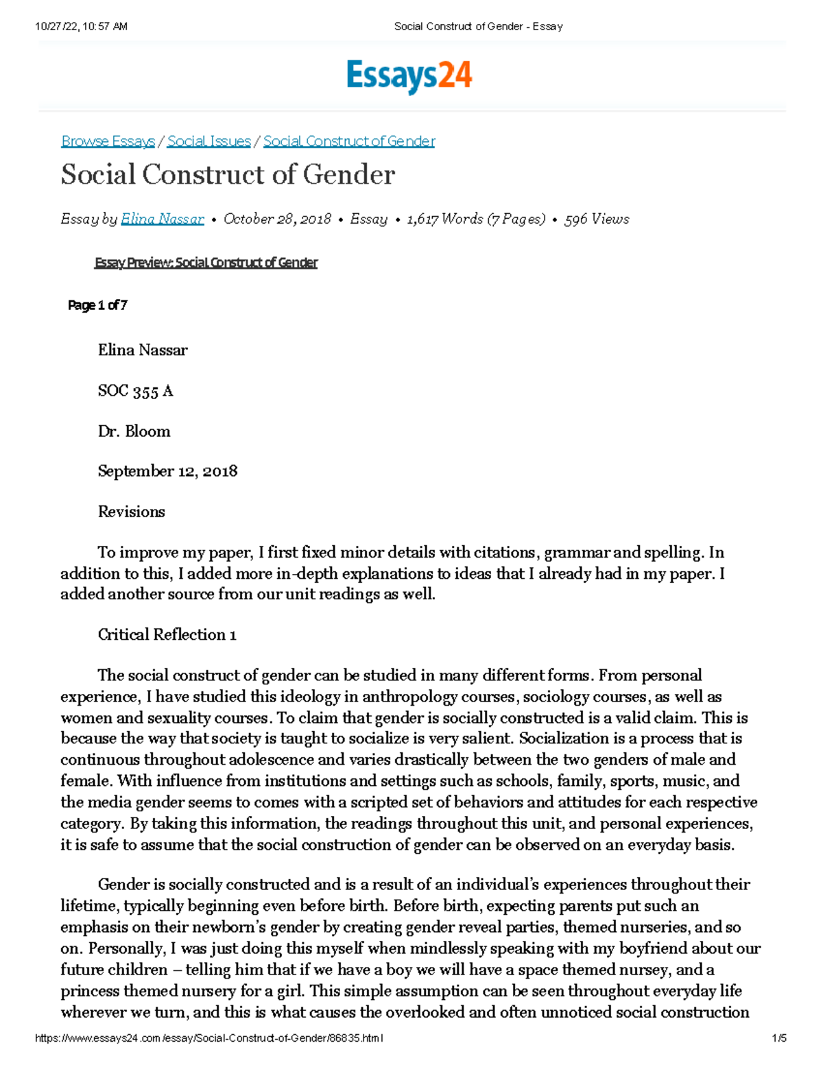 Social Construct of Gender - Essay - Social Construct of Gender Essay ...