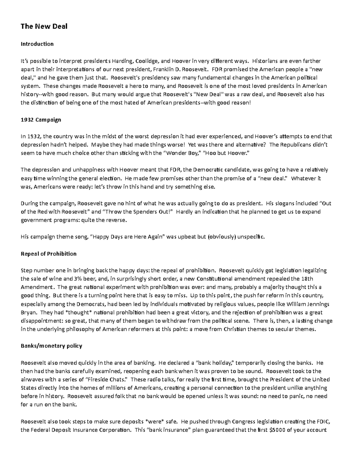 FDR & New Deal - Lecture notes 4 - The New Deal Introduction possible ...