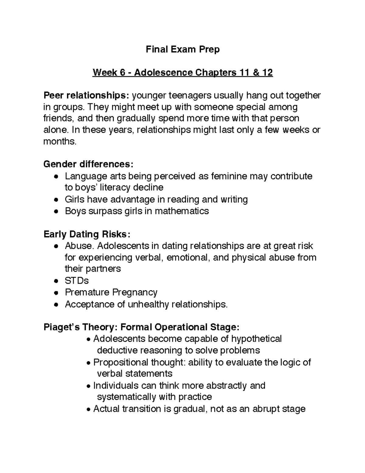 Final Study Guide 2 - Final Exam Prep Week 6 - Adolescence Chapters 11 ...