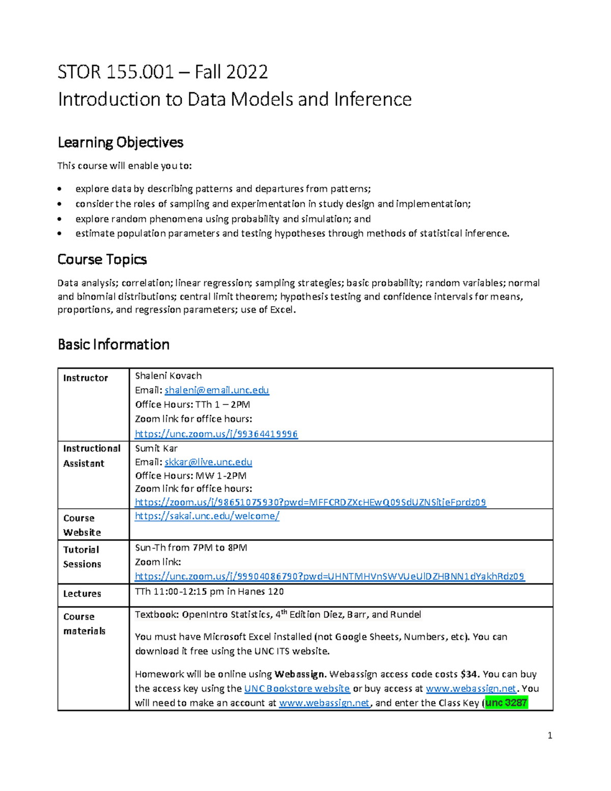 STOR 155 Syllabus - STOR 155 – Fall 2022 Introduction to Data Models and Inference Learning ...