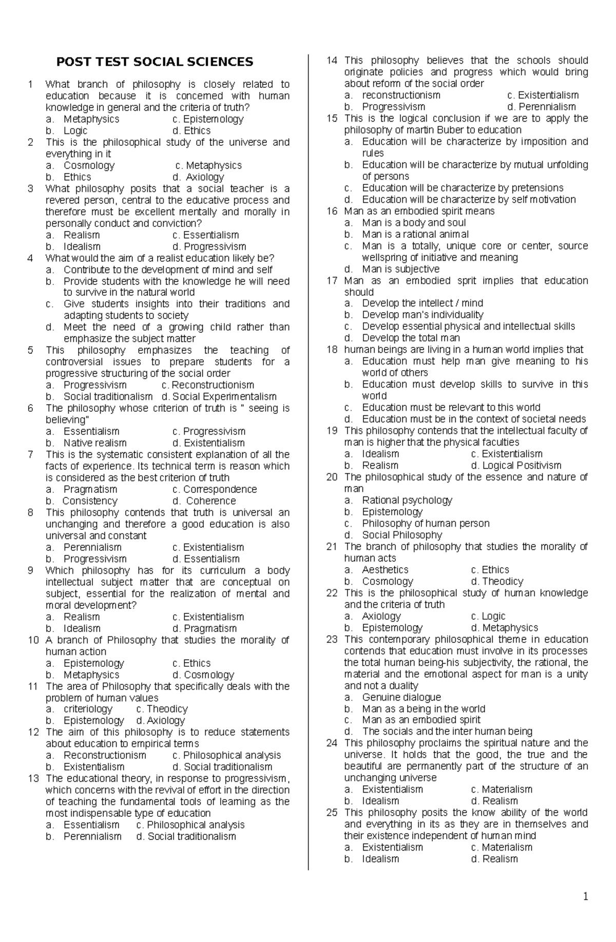 Reviewer-socsci - Gift - POST TEST SOCIAL SCIENCES 1 What branch of ...