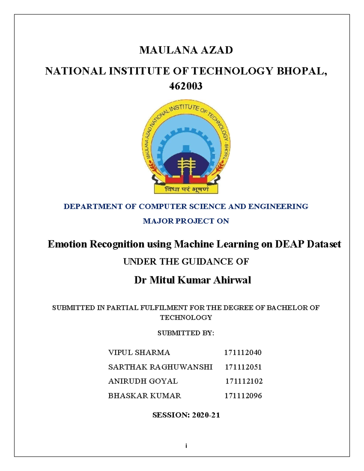 Project Report - i MAULANA AZAD NATIONAL INSTITUTE OF TECHNOLOGY BHOPAL ...