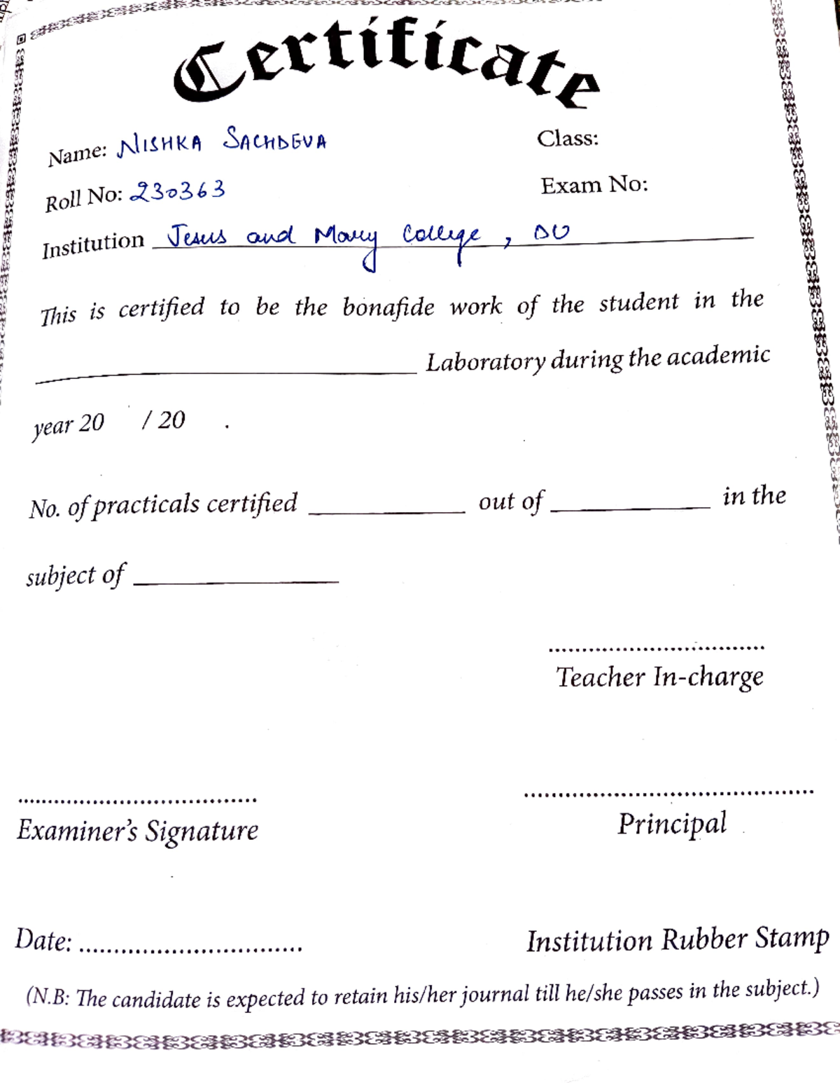 EVS PRACTICAL FILE - Certificate Name: NISHKA SACHDEVA Class: Roll No ...