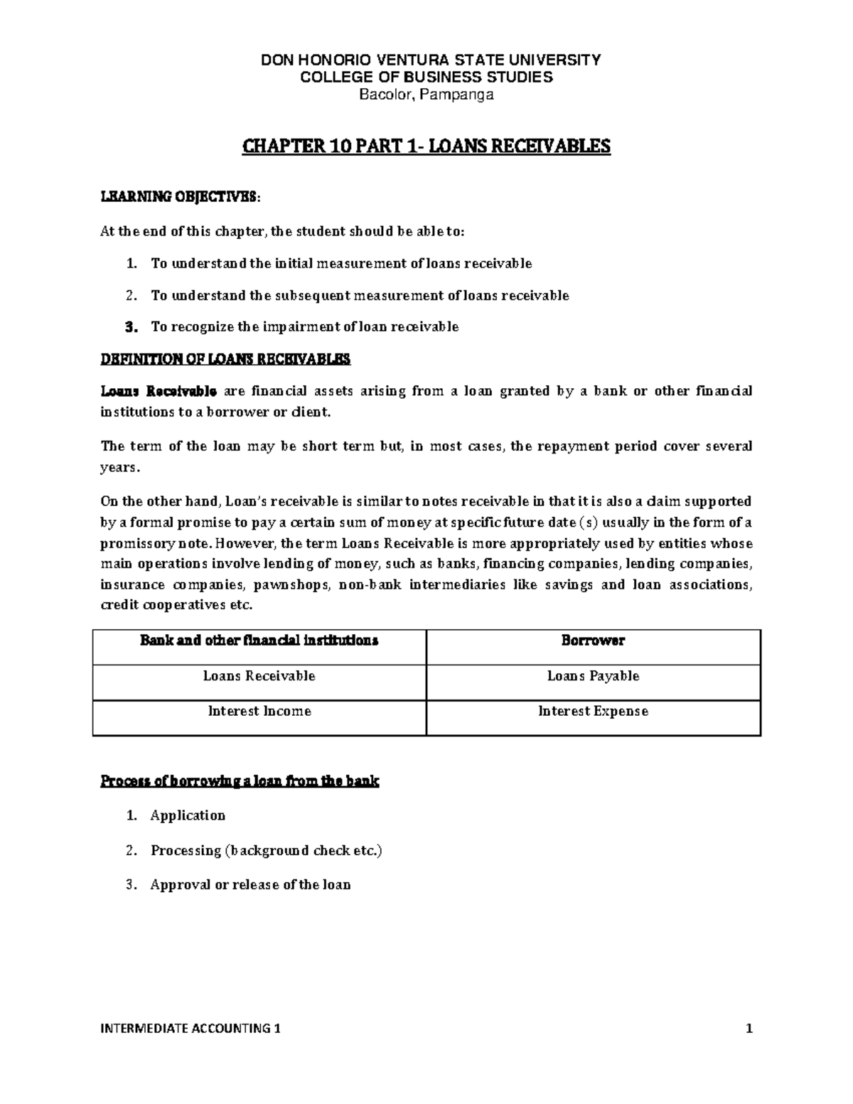 Loans Receivables - Lecture notes 1 - COLLEGE OF BUSINESS STUDIES ...