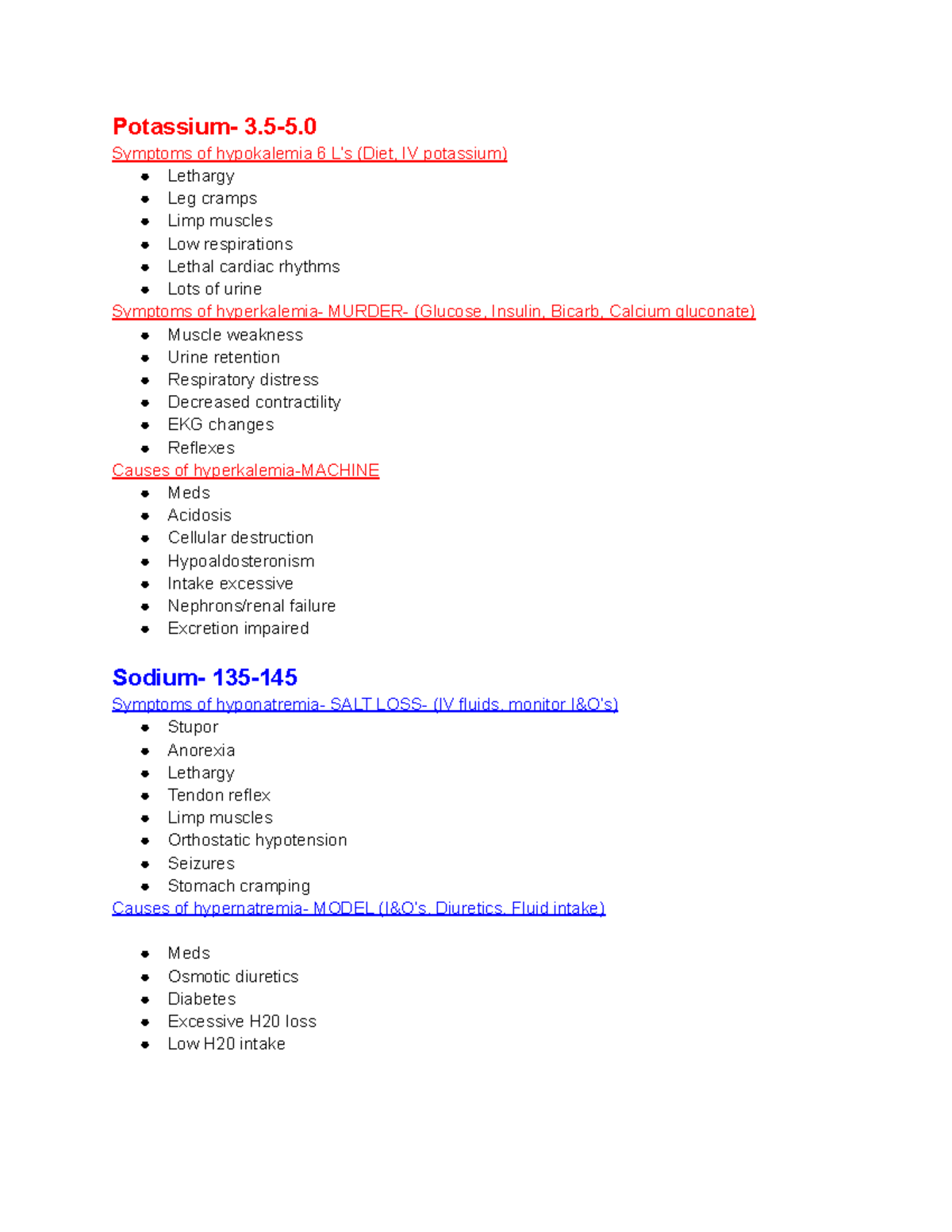 Fluid and Electrolytes - Potassium- 3-5. Symptoms of hypokalemia 6 L’s ...