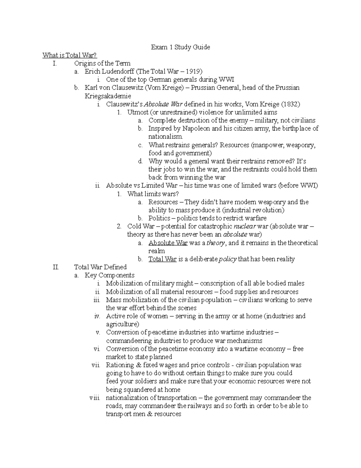 WHAT IS TOTAL WAR - Exam 1 Study Guide What is Total War? I. Origins of ...