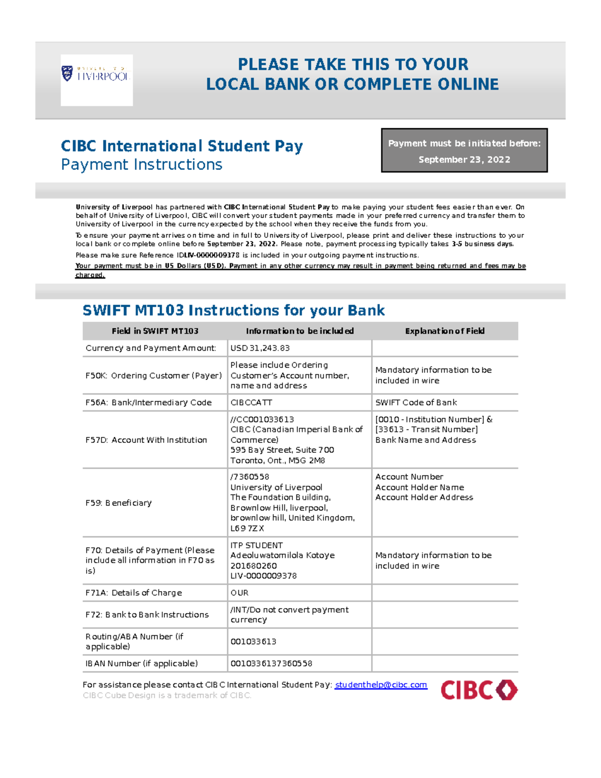 LIV-0000009378 - anything - PLEASE TAKE THIS TO YOUR LOCAL BANK OR COMPLETE ONLINE CIBC - Studocu