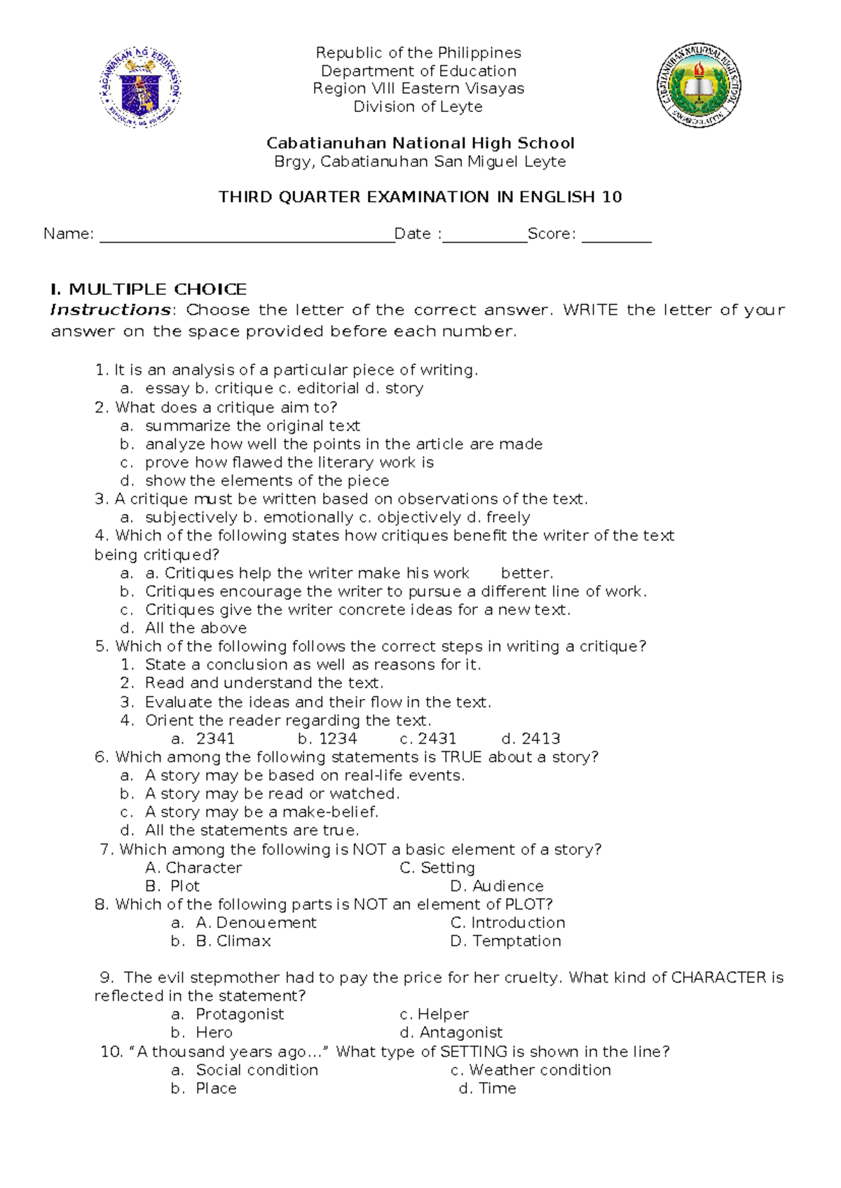 3rd Q Exam in English 10 - examination - Republic of the Philippines ...
