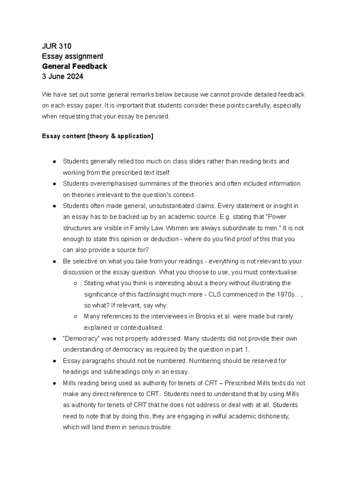 JUR 310 Essay Assignment Feedback 2024 - JUR 310 Essay assignment ...