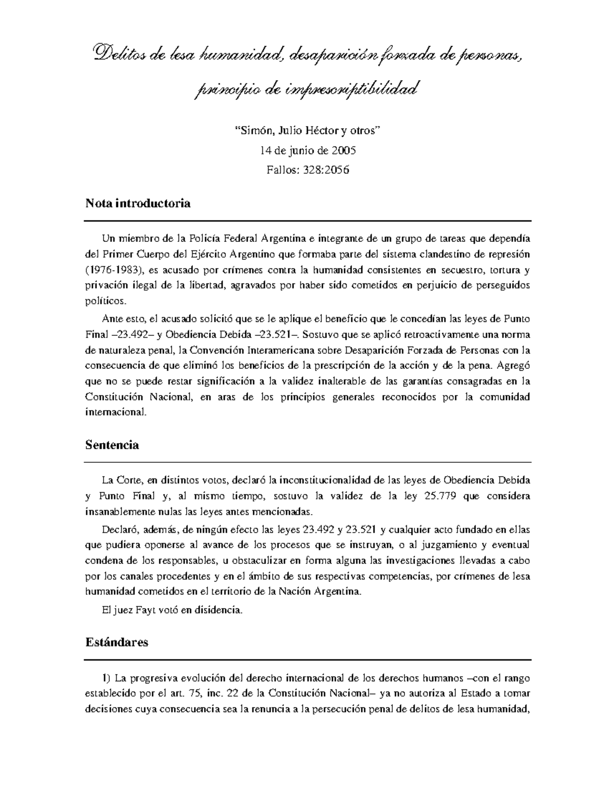 Fallo Simon Resumen - Derechos Humanos y Garantías - UBA - Studocu