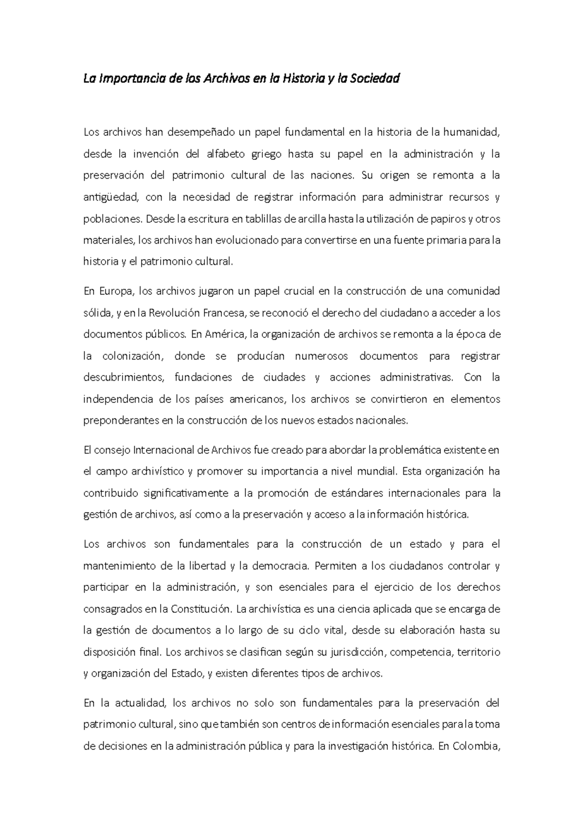 Ensayo Angie Tapia - La Importancia de los Archivos en la Historia y la ...