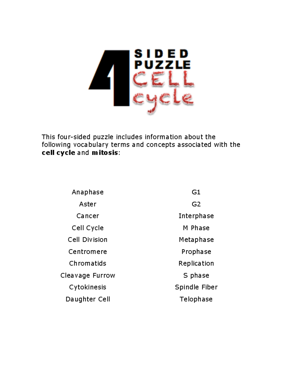 Cell Cycleand Mitosis Puzzlefreebie - ! ! ! ! This four-sided puzzle ...