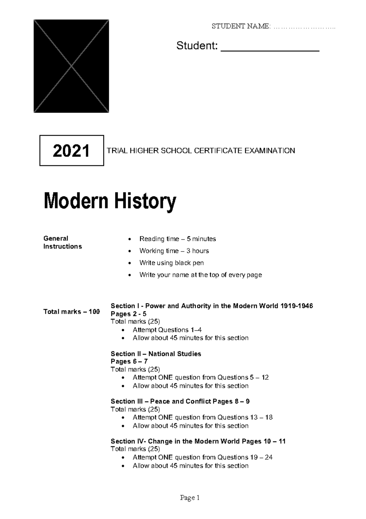 2021 Modern History Trial HSC Exam - Student: ________________ 2021 ...