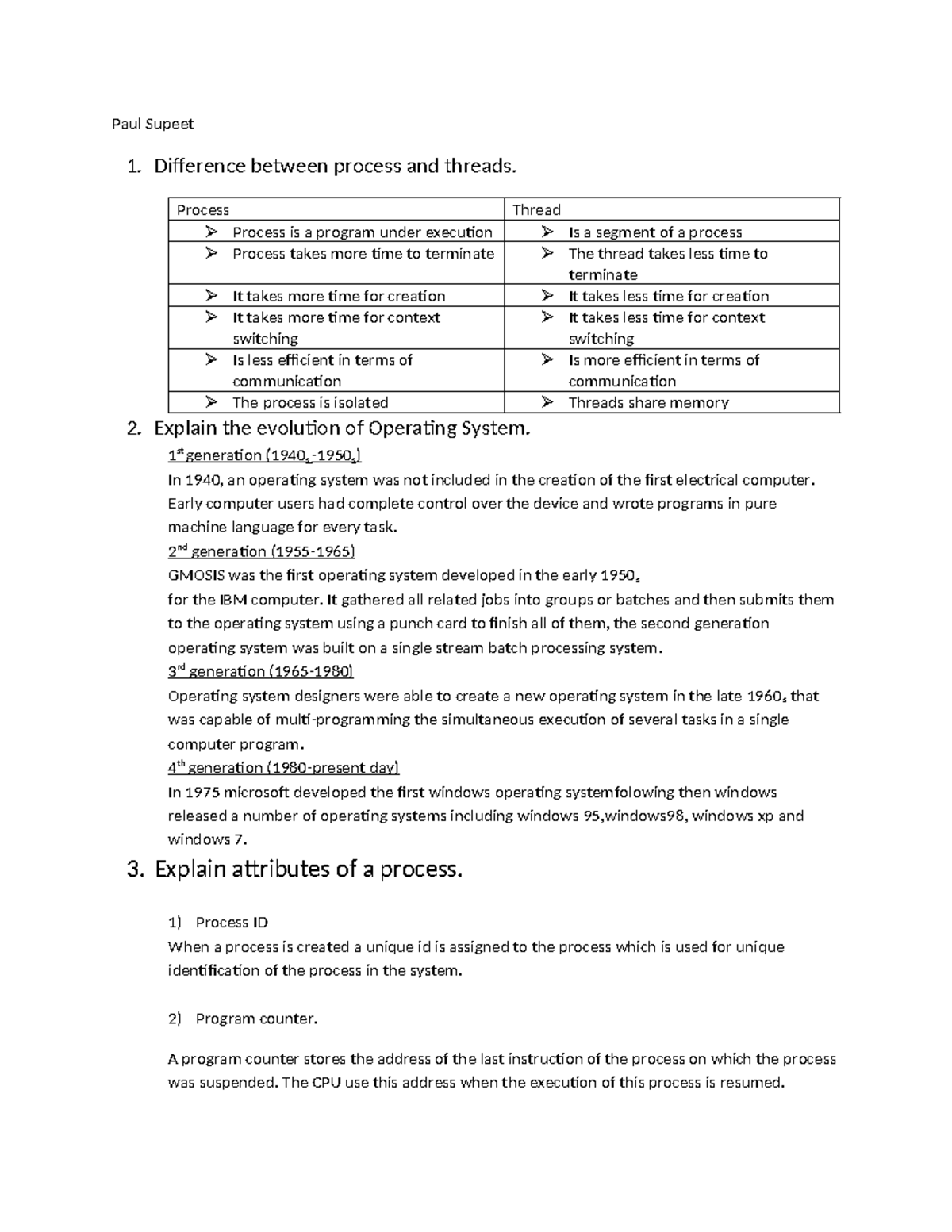 Paul Supeet - Assignment - Paul Supeet 1. Difference between process ...