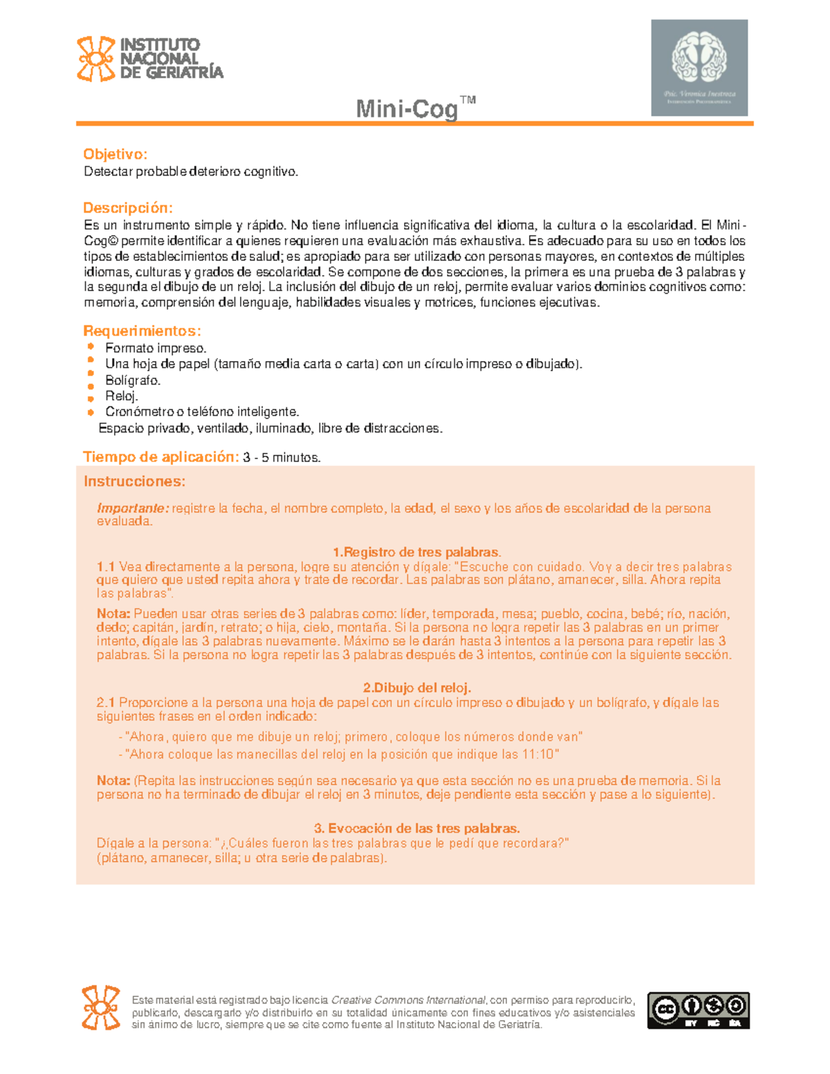 MINI COG - Evaluación DC - Este material está registrado bajo licencia ...