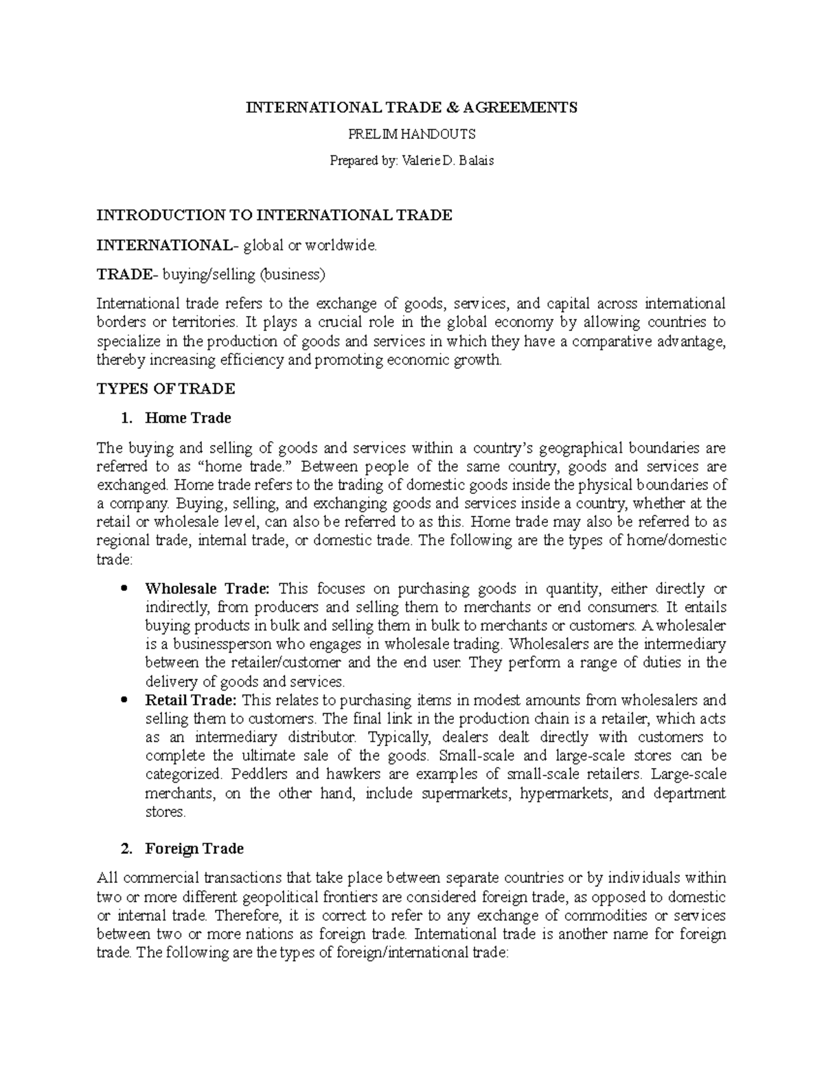 International Trade Handouts - INTERNATIONAL TRADE & AGREEMENTS PRELIM ...