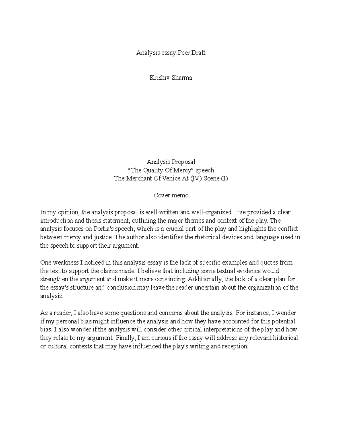 Analysis essay peer draft -krishiv sharma - Analysis essay:Peer Draft ...