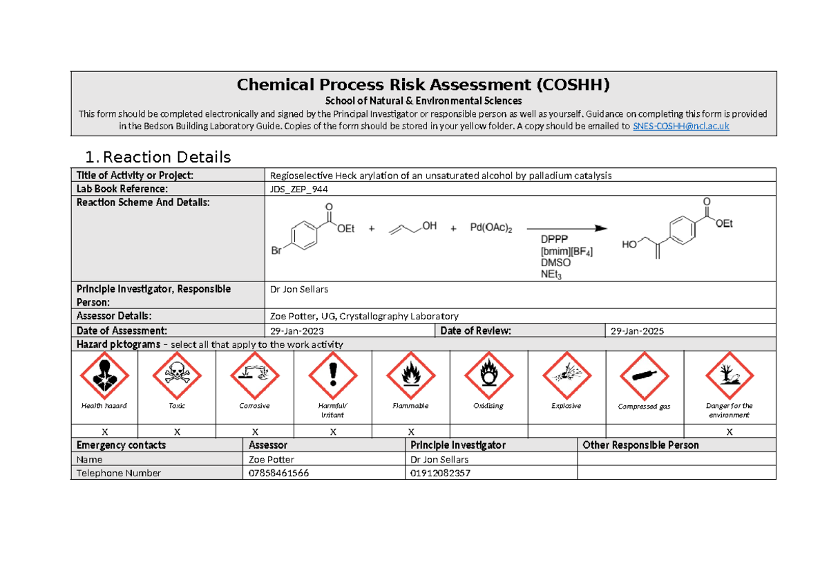 Coshh form - pd catalysis - Chemical Process Risk Assessment (COSHH ...